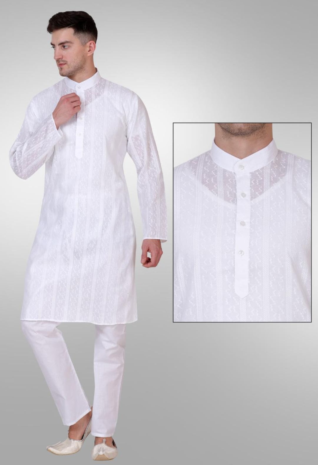 Mens Kurta, Self Printed White Color Kurta, Indian Mens Kurta ...