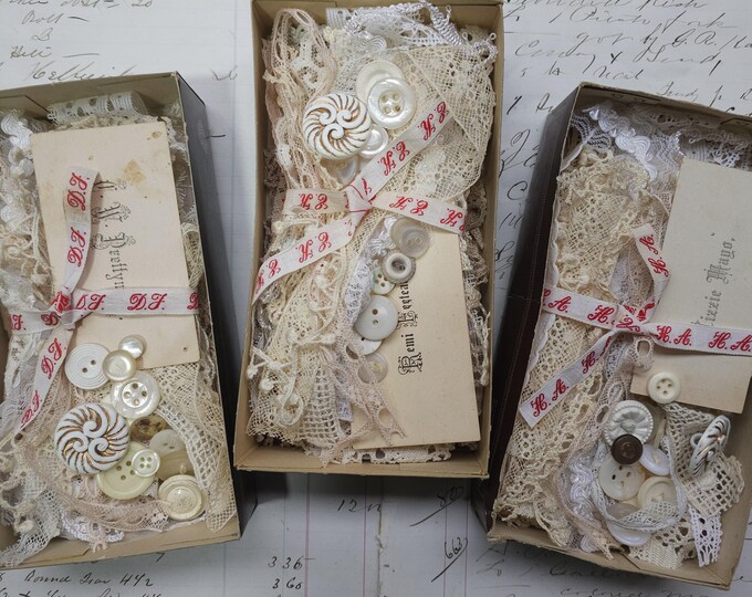 Vintage French Box With Antique French Lace, MOP Buttons, Antique ...