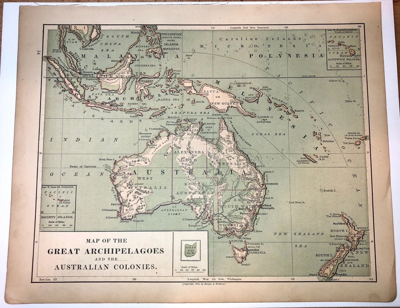 Antique Polynesian Map 1875 Physical Polynesia Australia Hawaii Harper ...