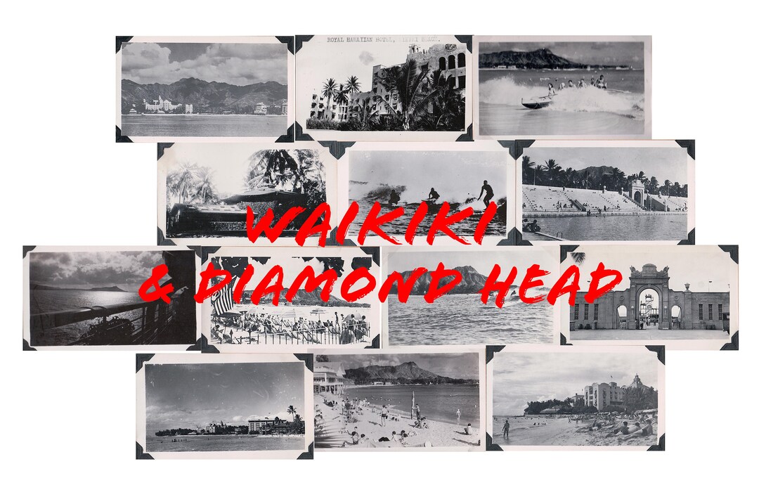 13 Vintage B&W Photos Hawaii Waikiki Beach Diamond Head Natatorium ...