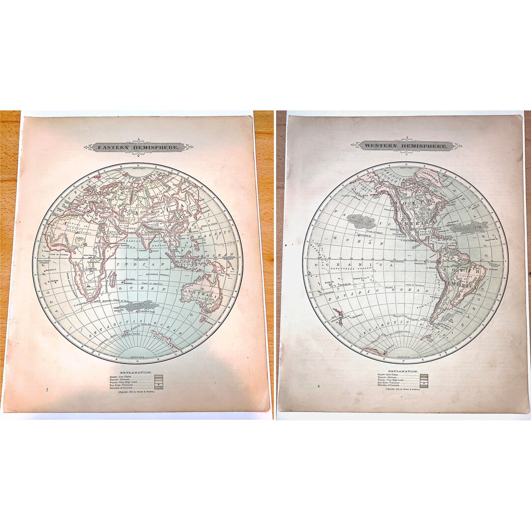 Antique World Map Prints: 1875 Hemispheres With Hawaii - Etsy
