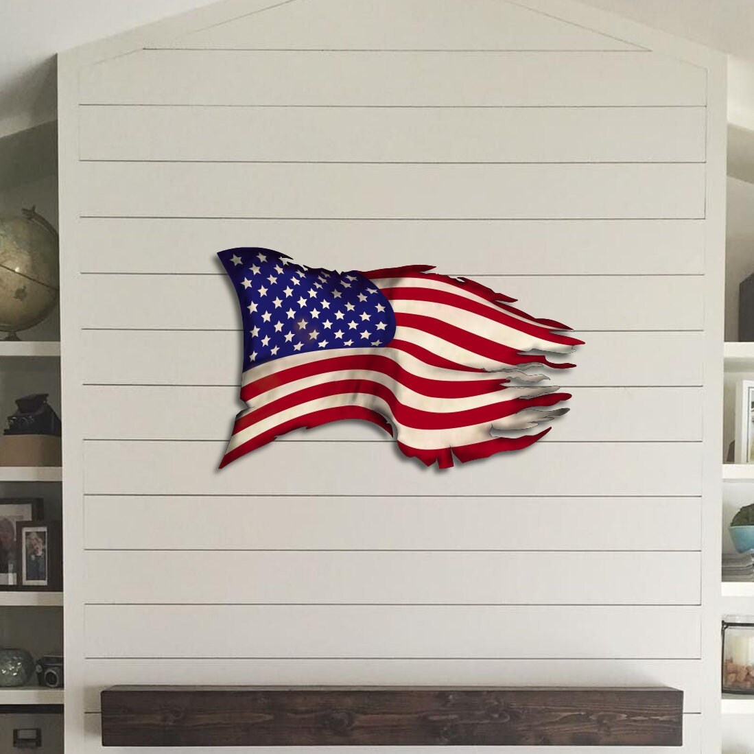 American Waving Flag, Tattered Metal Flag, Man Cave Flag Décor ...