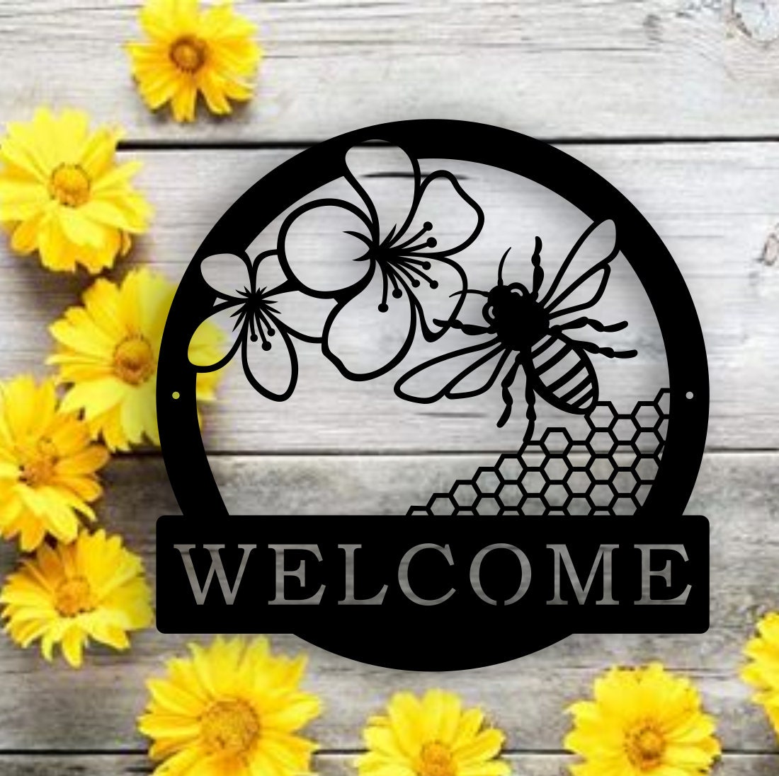 Metal Honey Bee Welcome Sign, Front Door Sign, Outdoor Metal Art ...