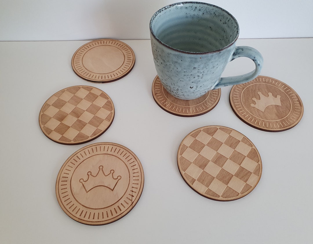 Checkers Wooden Coasters Checkers Piece Design Set of 6 Engraved Wooden ...