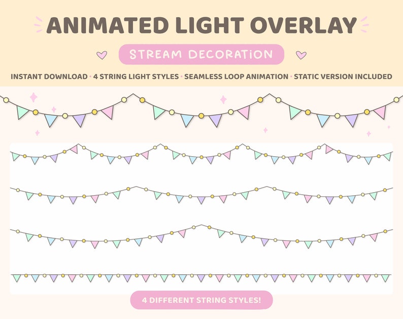 Twitch Overlay, Animated String Light Stream Decoration, Kawaii Pastel ...