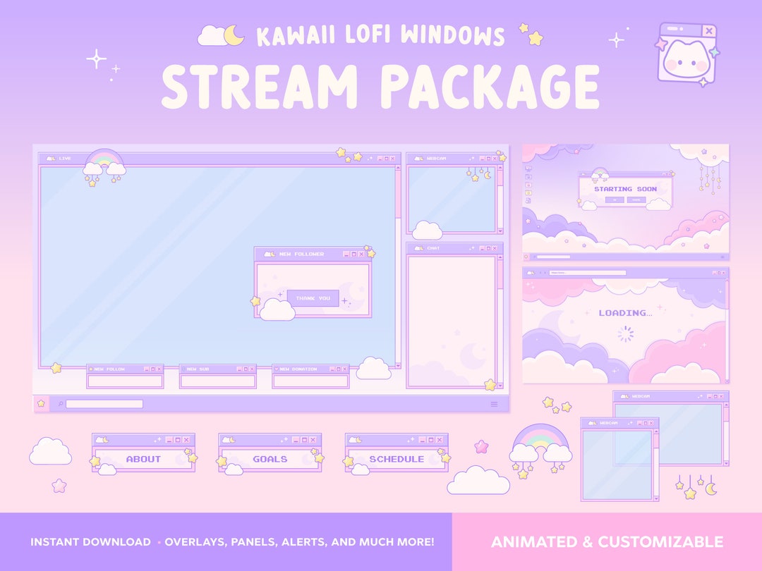 Lofi Kawaii Windows Stream Package, Animated Twitch Overlay ...