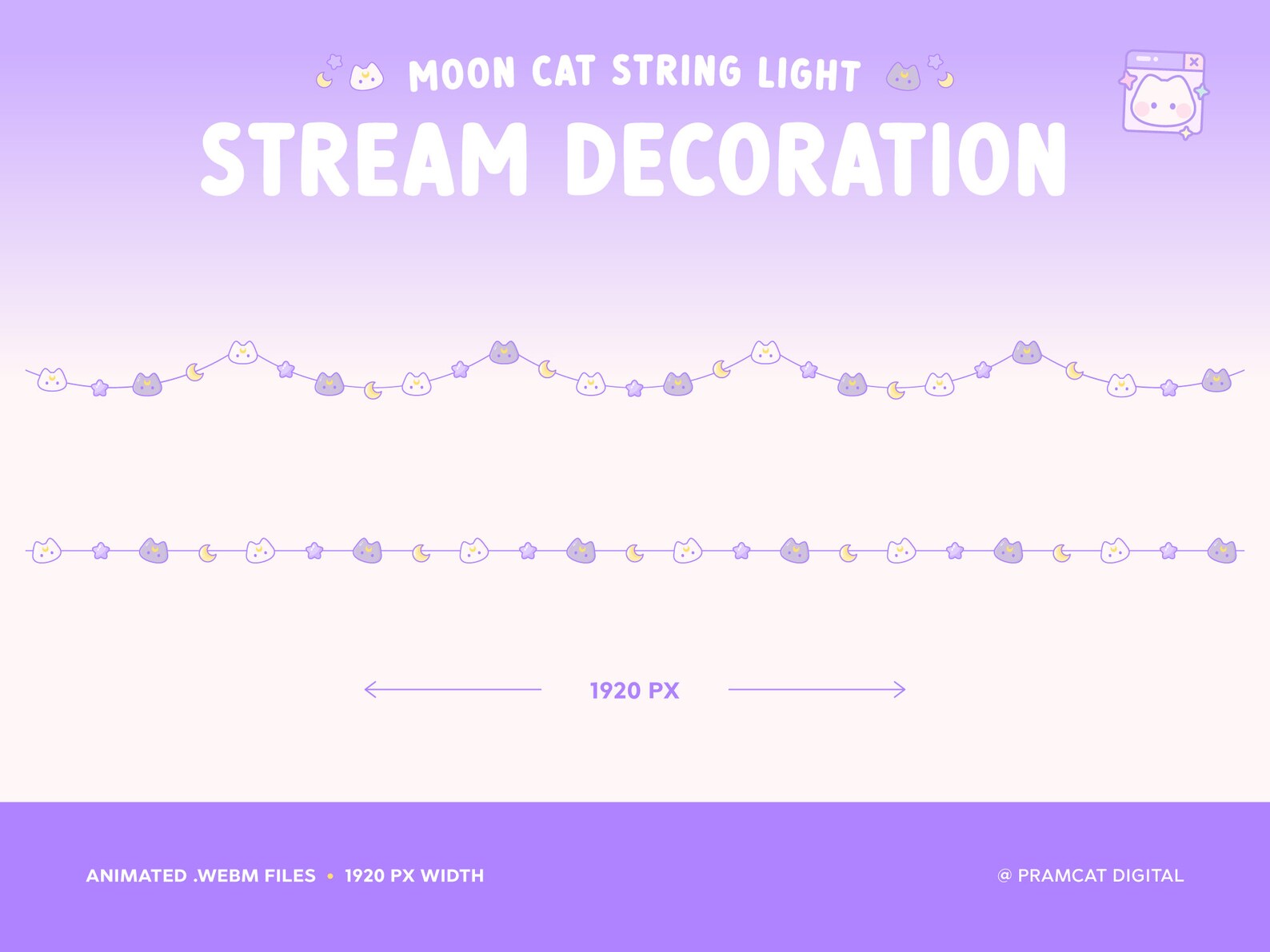 Moon Cat Stream Decoration, Twitch Overlay, Animated String Lights ...
