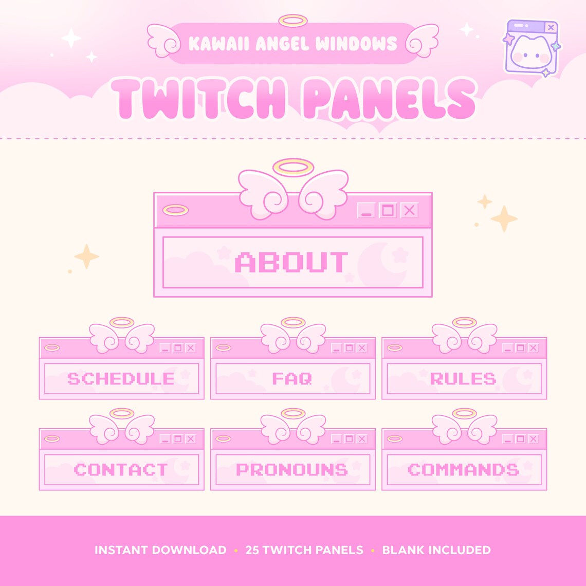 Angel Twitch Panels X25, Cute Halo Wings, Pastel Pink Stream Windows ...