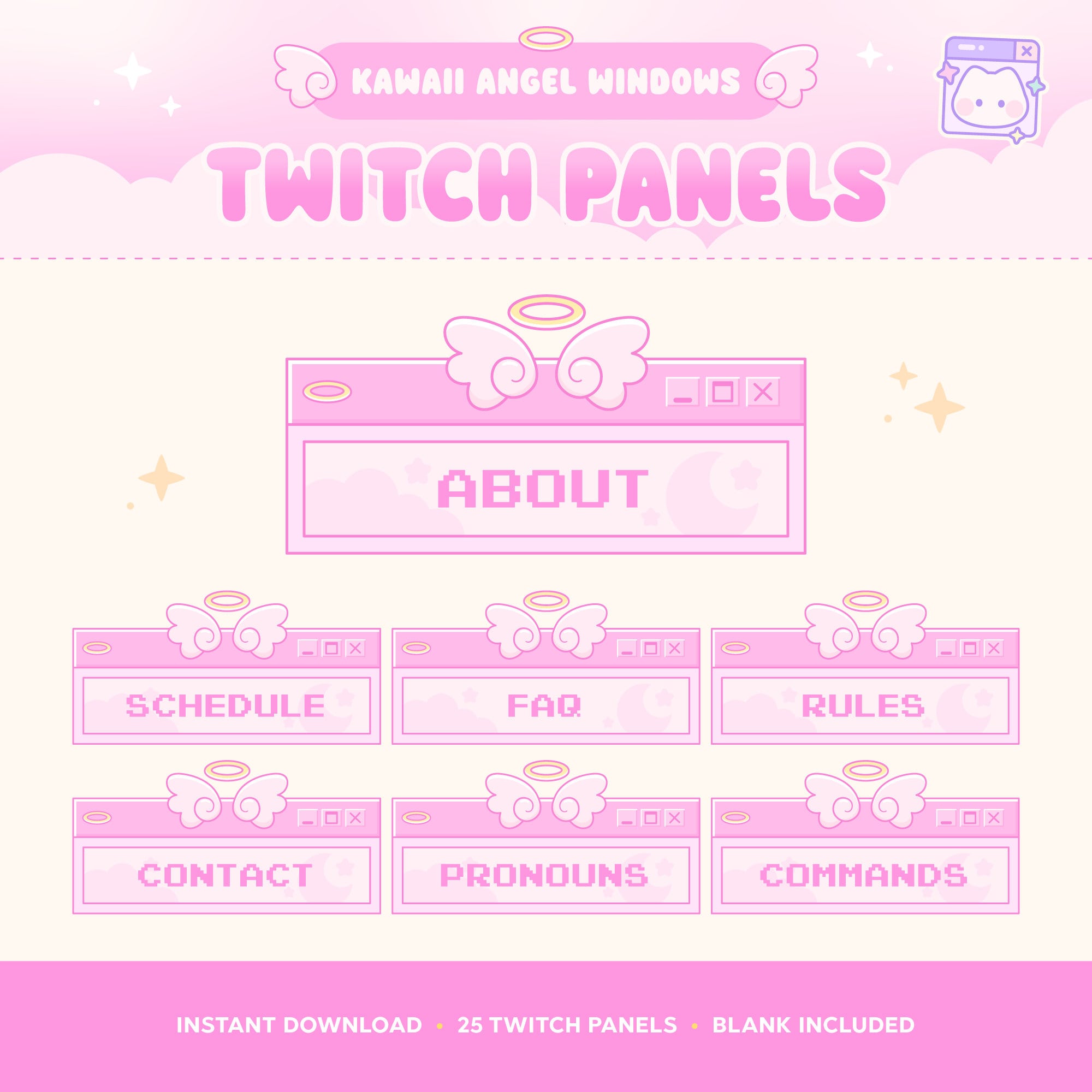 Angel Twitch Panels X25, Cute Halo Wings, Pastel Pink Stream Windows ...