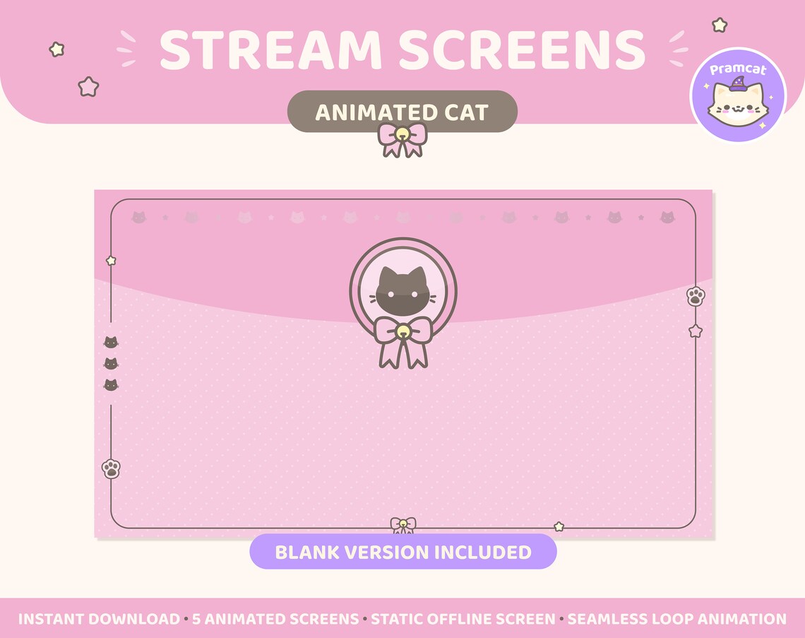 Cat Animated Stream Screens X5, Twitch Overlay, Kawaii Cute Pink ...