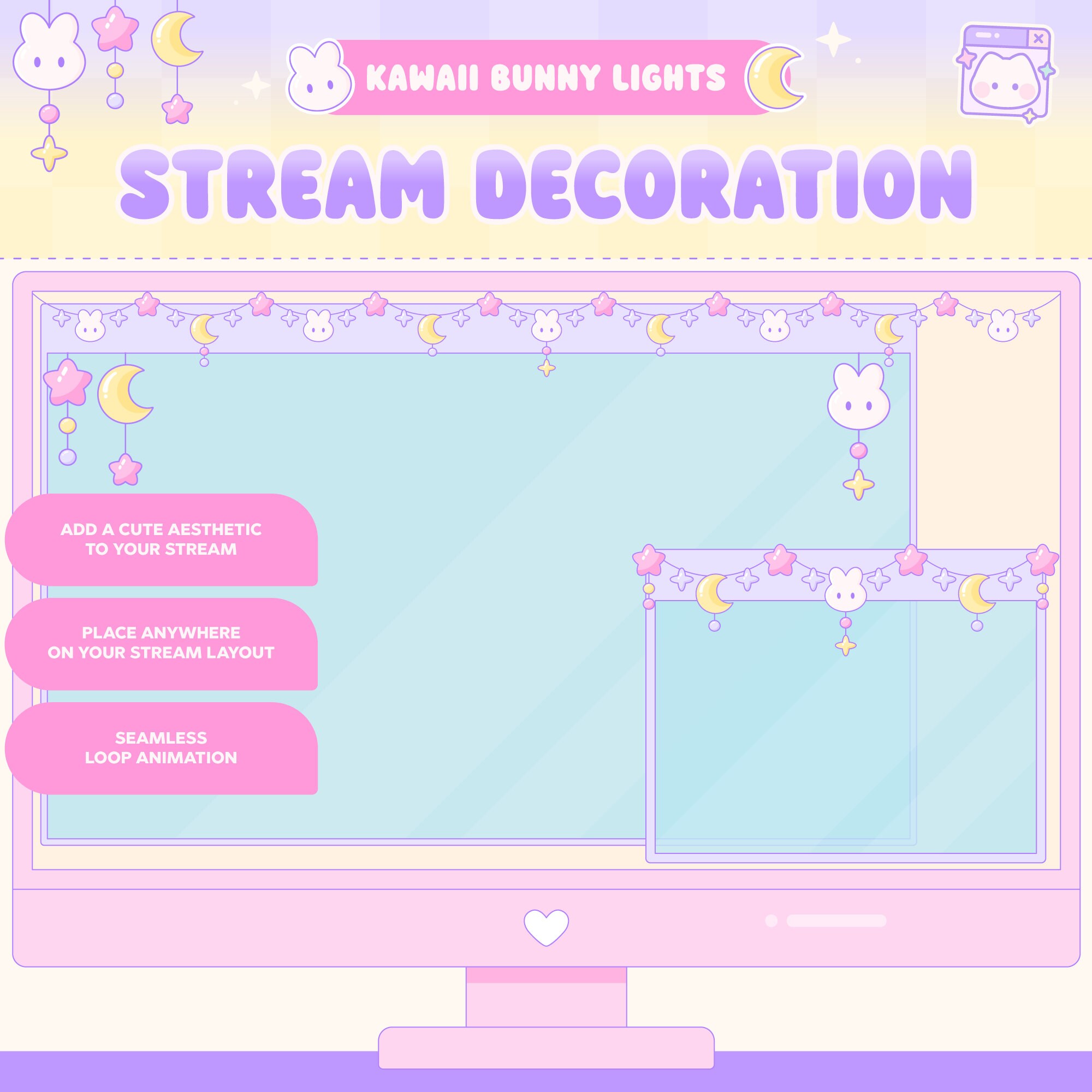 Moon Bunny Stream Decoration, Twitch Overlay, Celestial Animated String ...