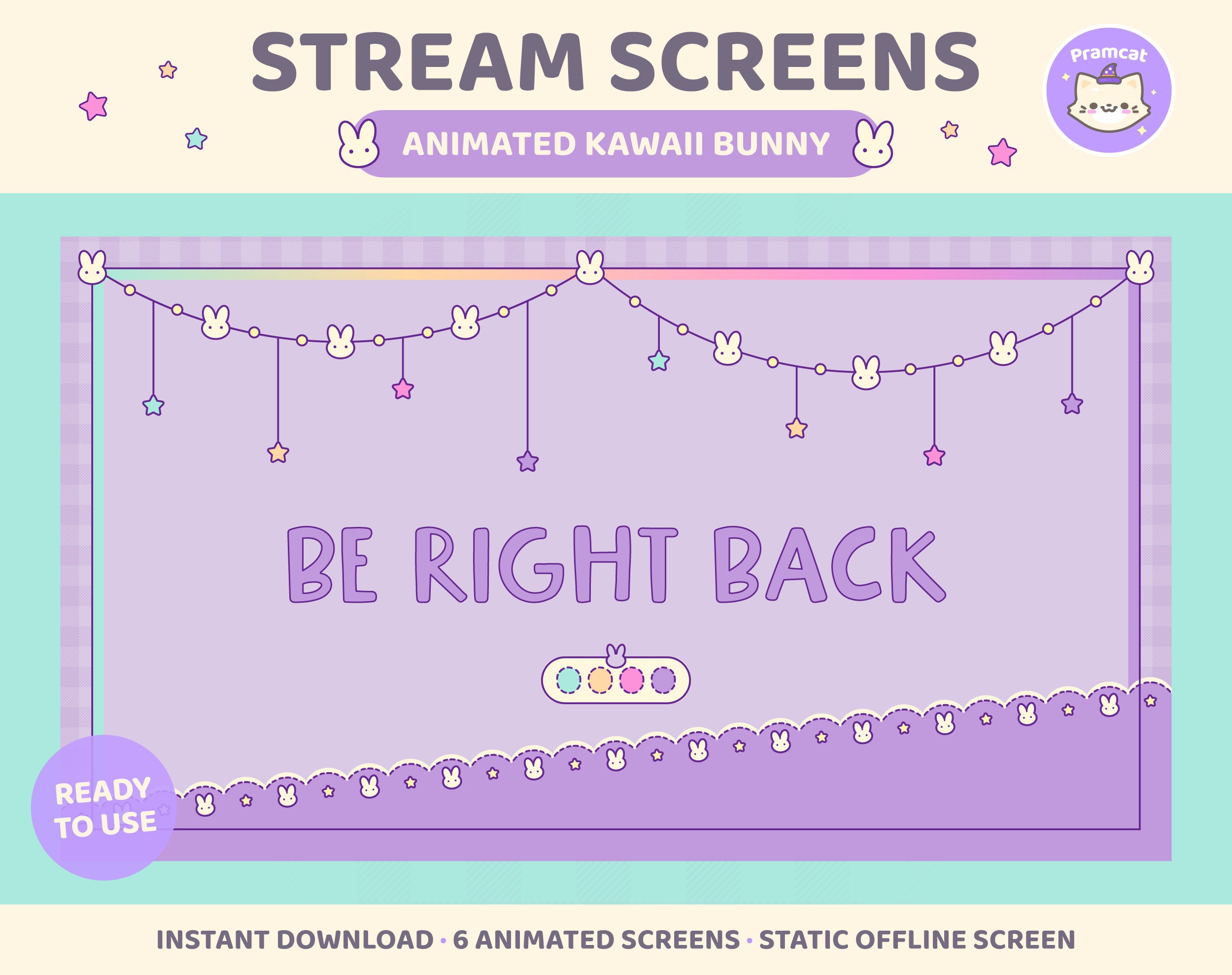 Bunny Animated Stream Screens X6, Twitch Overlay, Kawaii Cute Rainbow ...