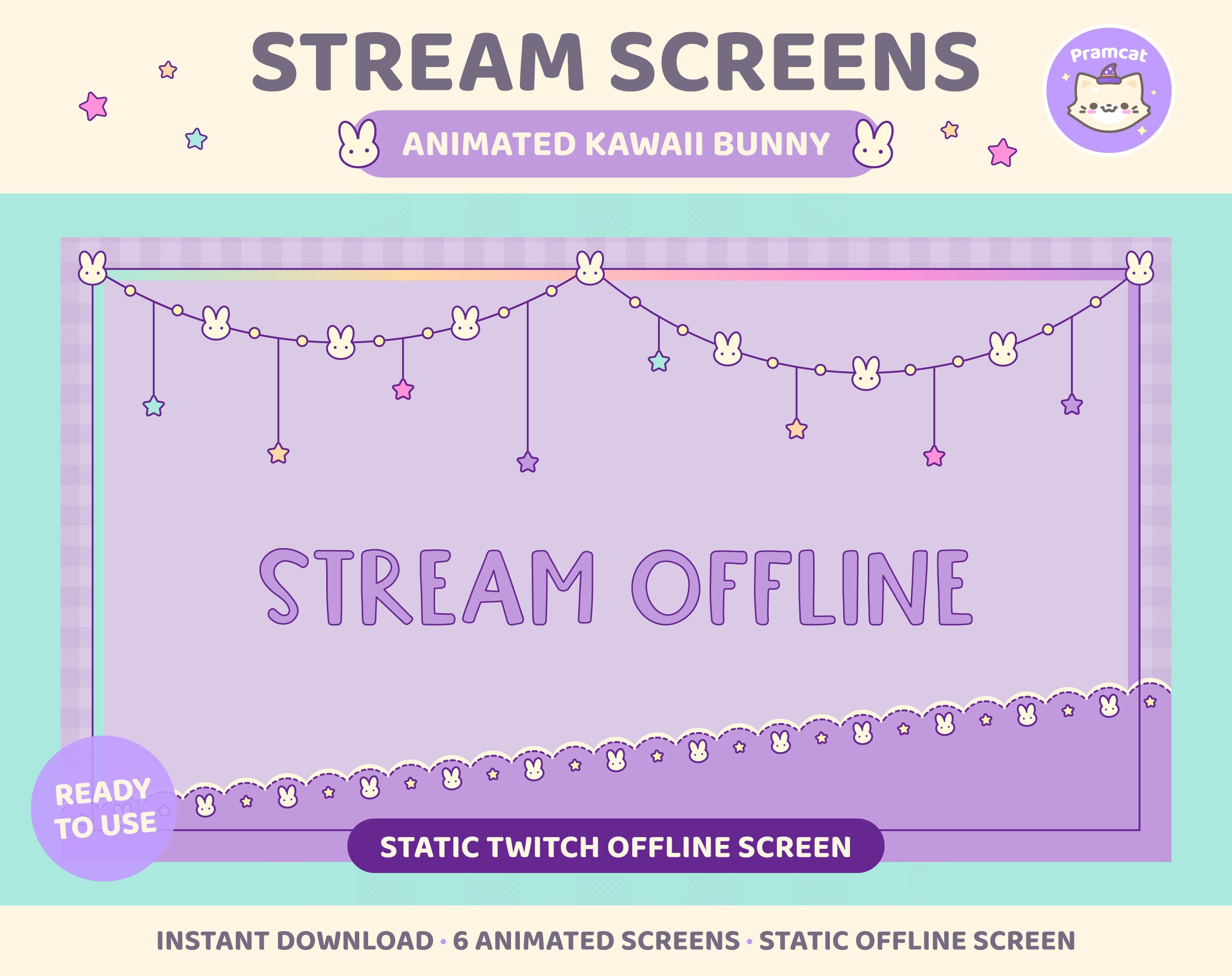 Bunny Animated Stream Screens X6, Twitch Overlay, Kawaii Cute Rainbow ...