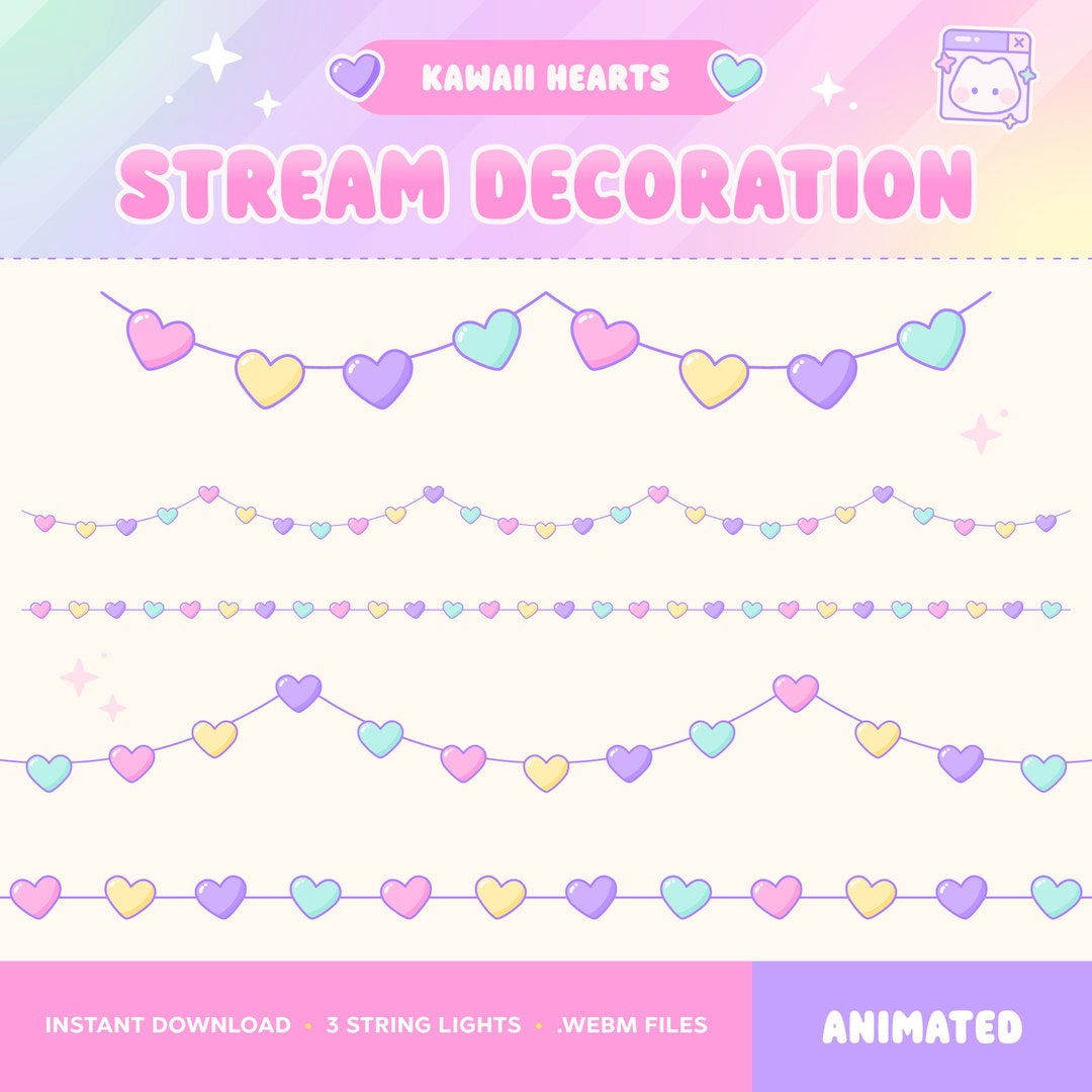 Cute Heart Twitch Stream Decorations, Animated String Lights, Kawaii ...