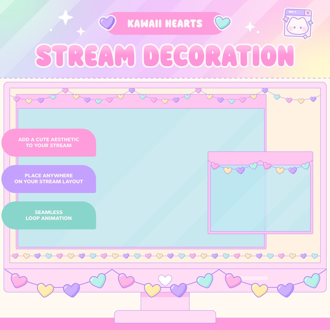 Cute Heart Twitch Stream Decorations, Animated String Lights, Kawaii ...