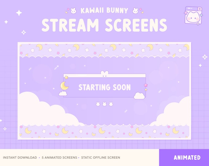 Kawaii Bunny Animated Stream Screens X5, Twitch Overlay, Cute Purple ...