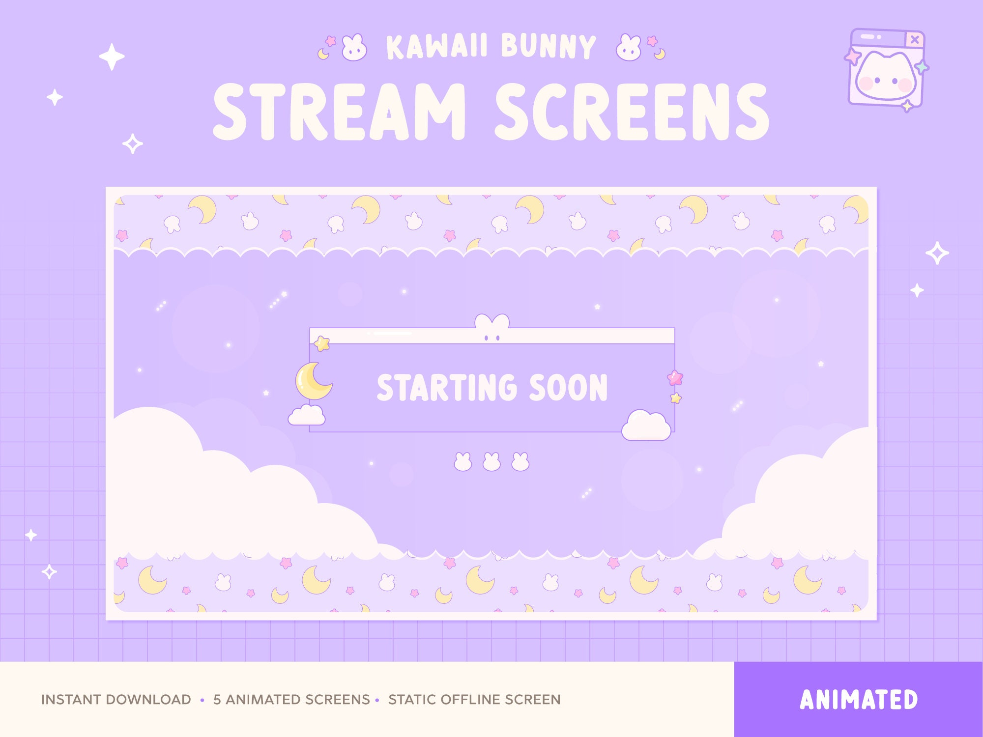 Kawaii Bunny Animated Stream Screens X5, Twitch Overlay, Cute Purple ...