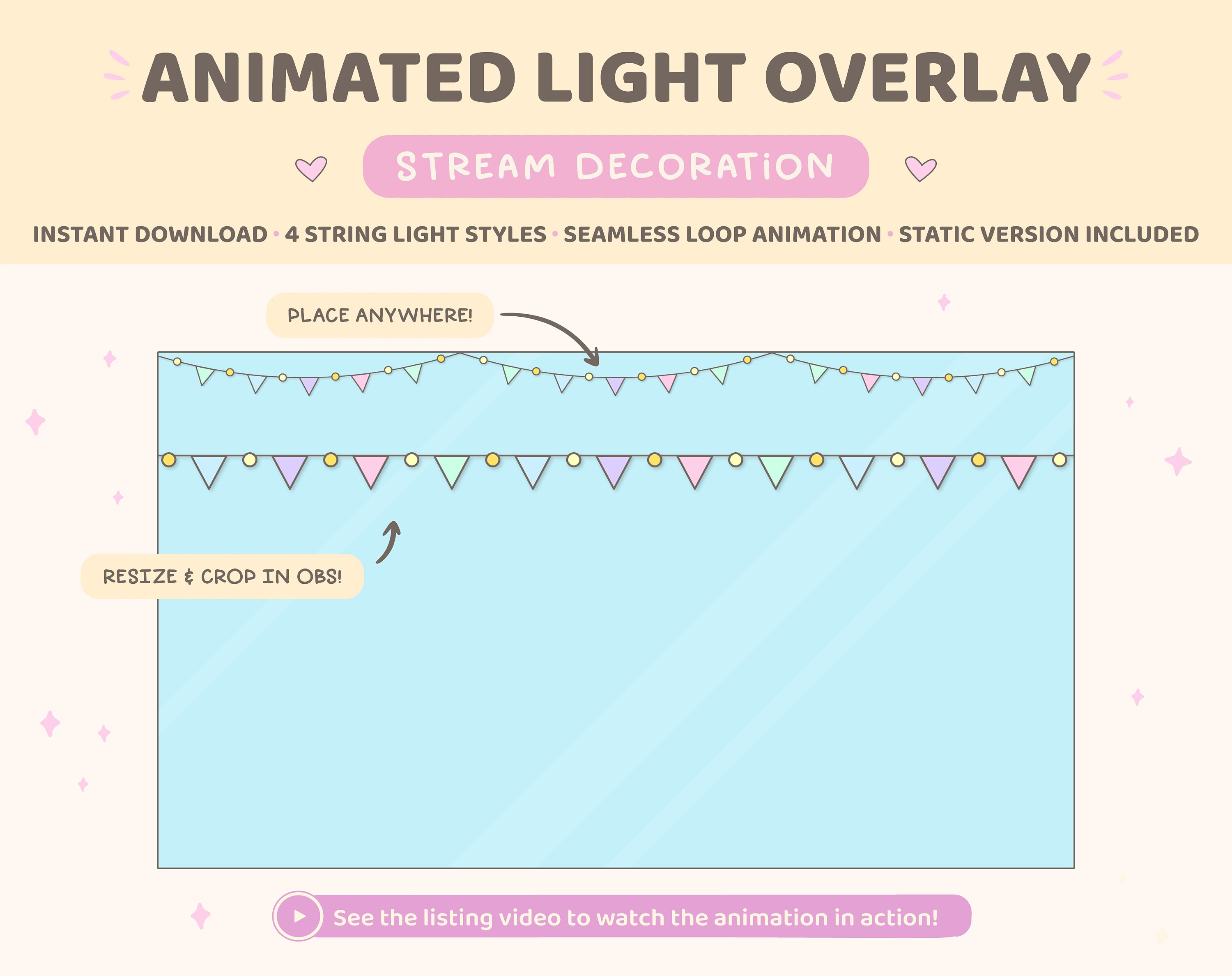 Twitch Overlay, Animated String Light Stream Decoration, Kawaii Pastel ...