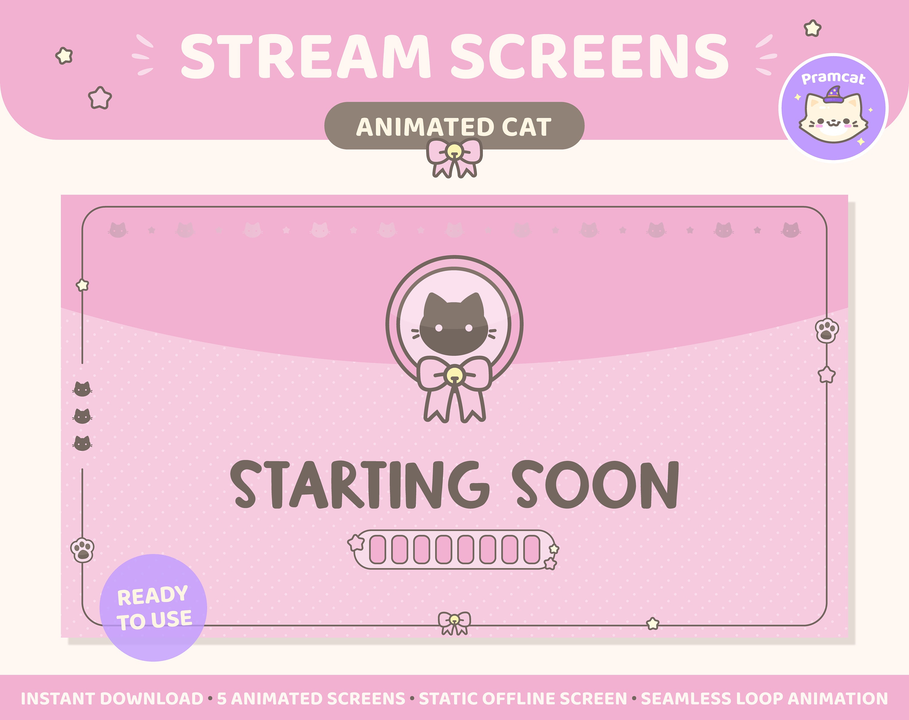 Cat Animated Stream Screens X5, Twitch Overlay, Kawaii Cute Pink ...