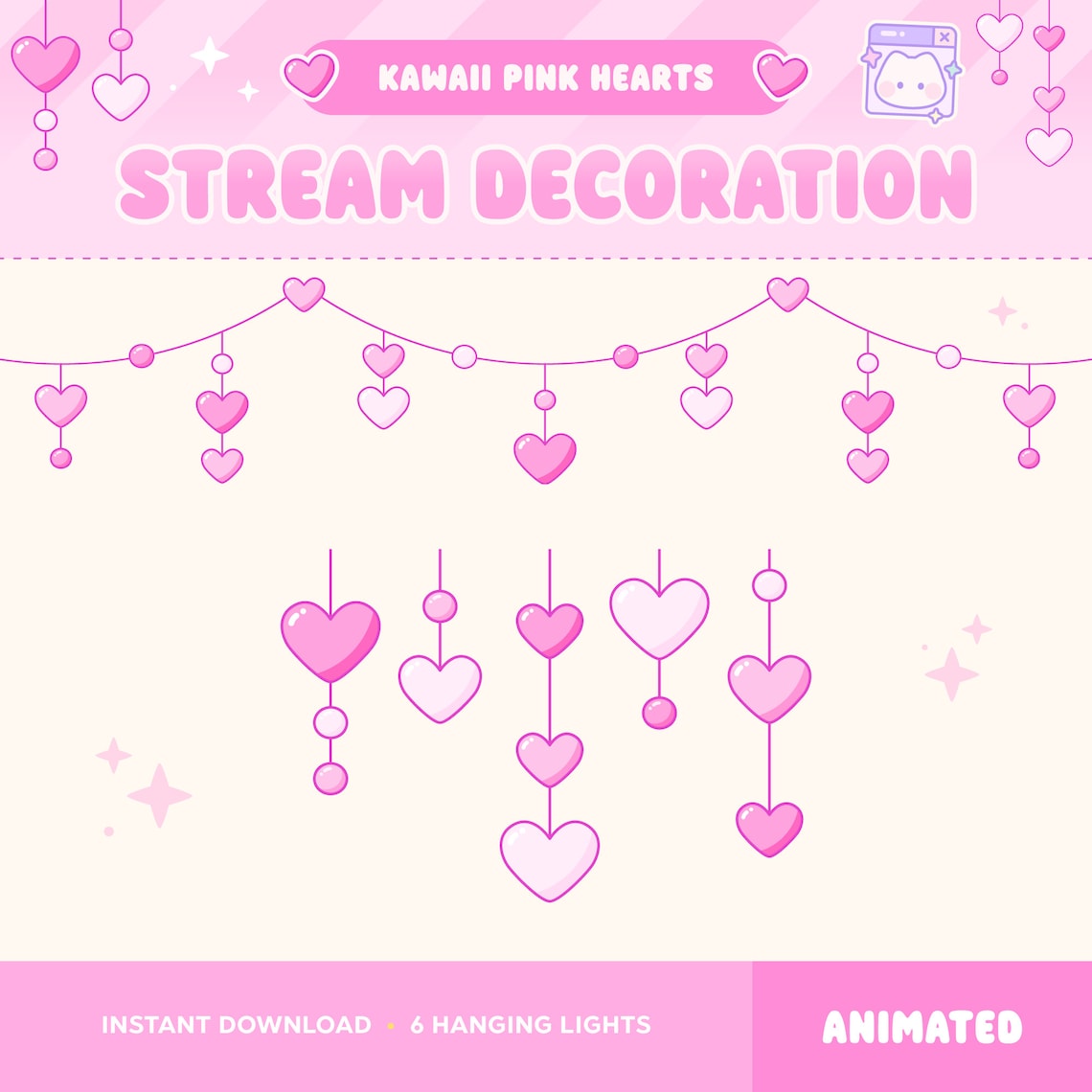 Pink Hearts Stream Decoration, Animated String Lights, Kawaii ...