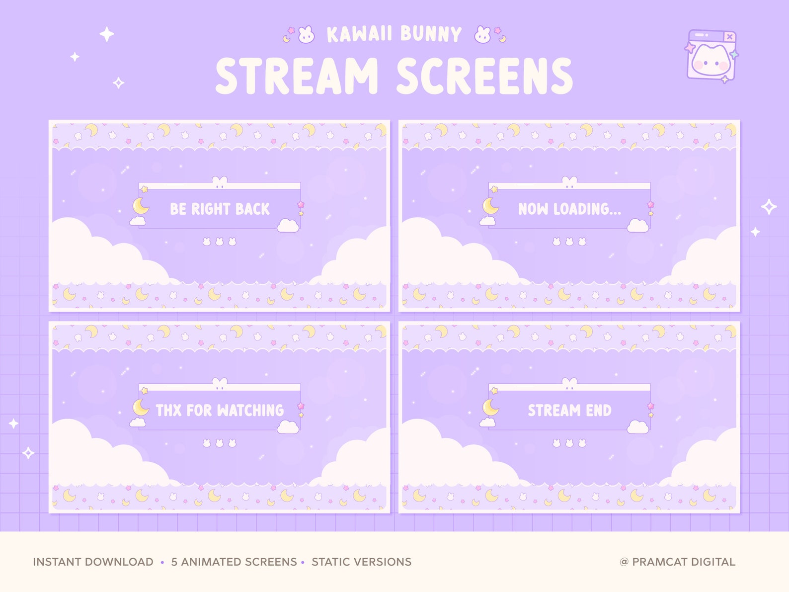 Kawaii Bunny Animated Stream Screens X5, Twitch Overlay, Cute Purple ...