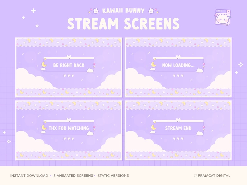 Kawaii Bunny Animated Stream Screens X5, Twitch Overlay, Cute Purple ...