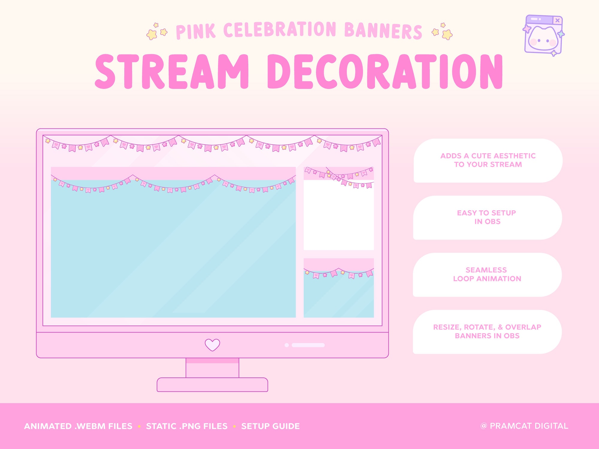 Pink Birthday Stream Decoration, Animated Twitch Overlay, Pastel Banner ...