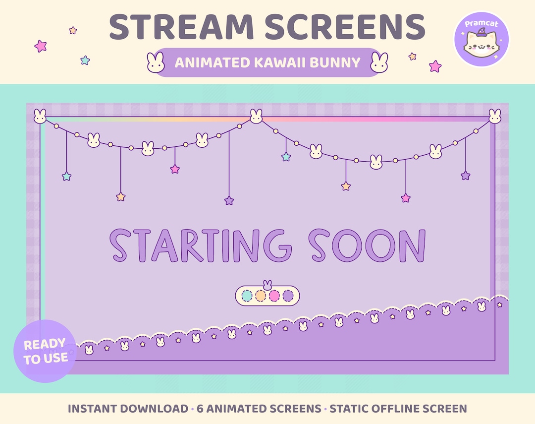 Bunny Animated Stream Screens X6, Twitch Overlay, Kawaii Cute Rainbow ...