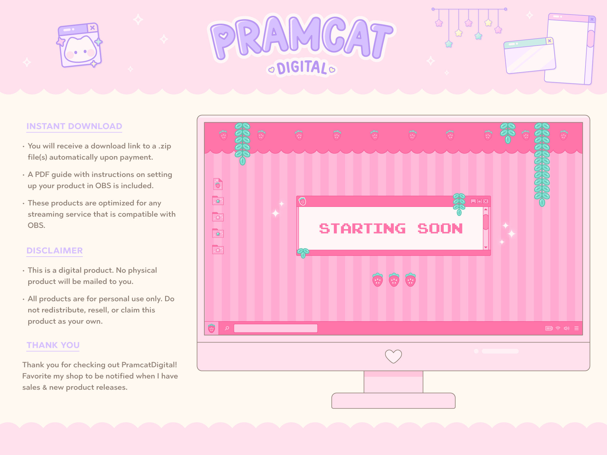 Strawberry Stream Starting Soon, Twitch Overlay Animated Stream Screens ...