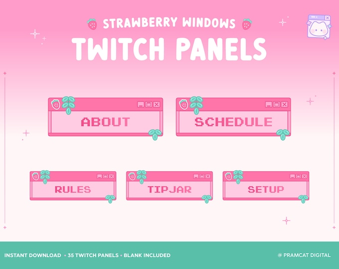 Strawberry Cute Twitch Panels X35, Pink Twitch Panels, Kawaii Lofi ...