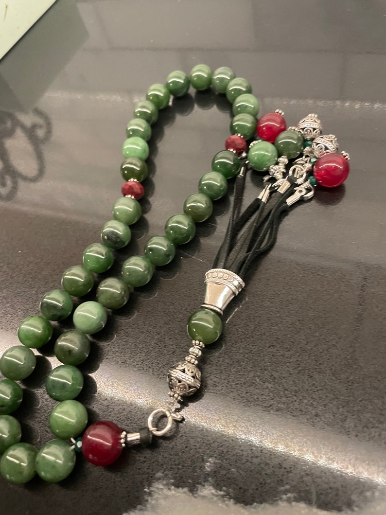 Jade Green and Red Islamic Prayer Beads, Eid Gift Handmade With ...