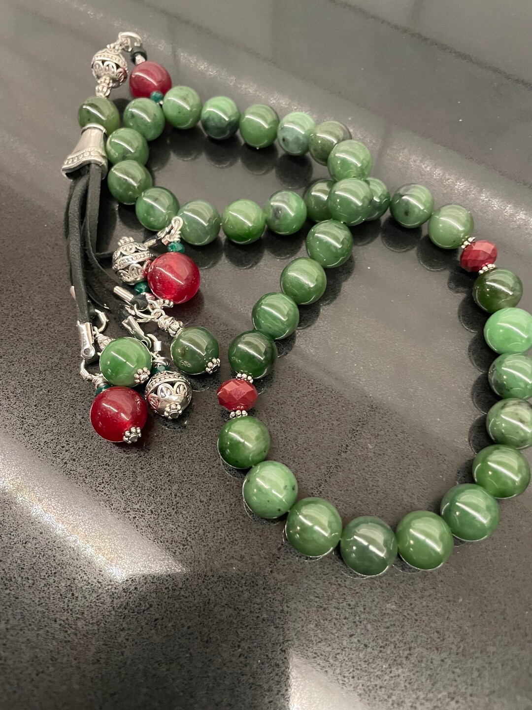 Jade Green and Red Islamic Prayer Beads, Eid Gift Handmade With ...