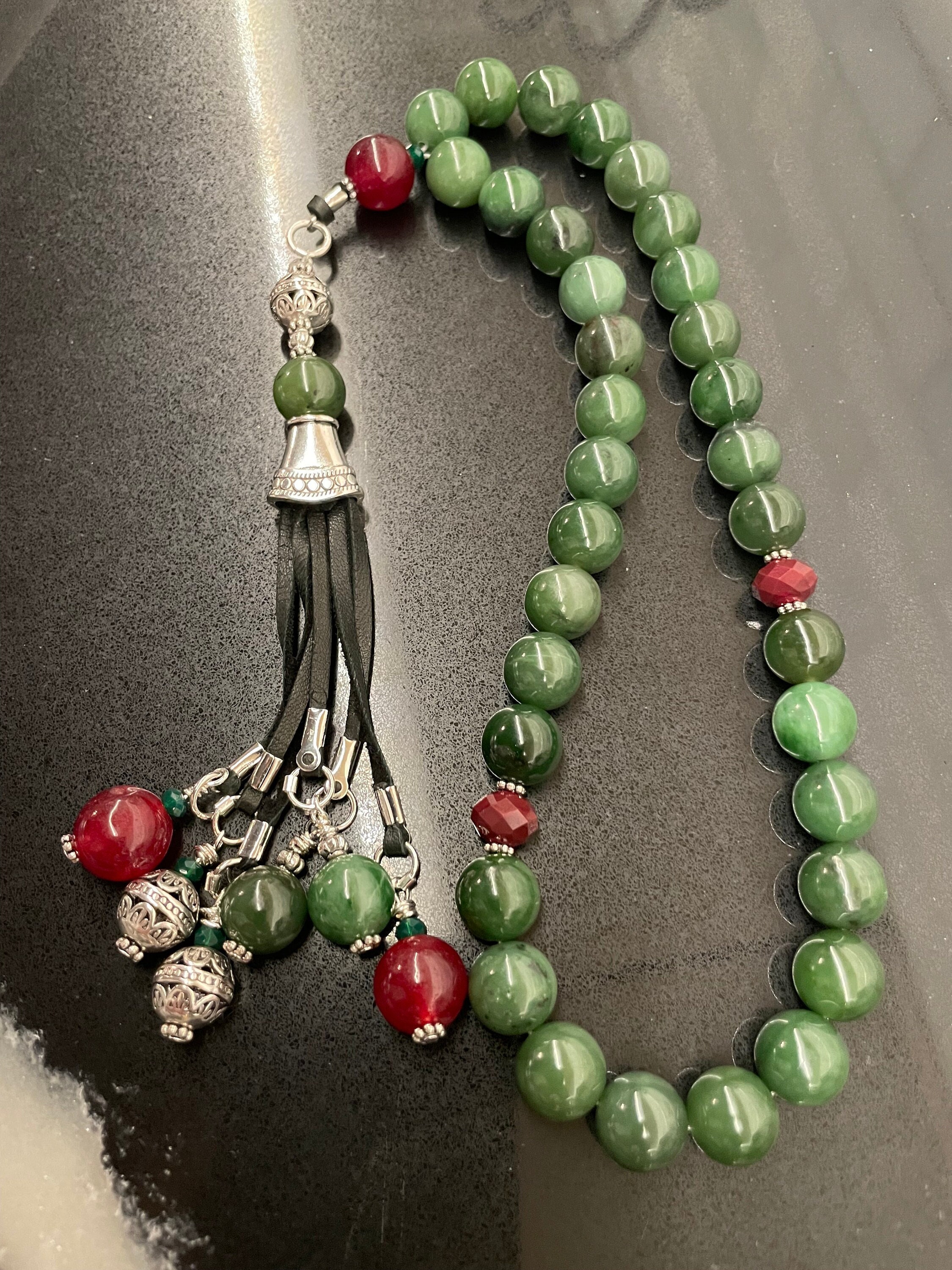 Jade Green and Red Islamic Prayer Beads, Eid Gift Handmade With ...