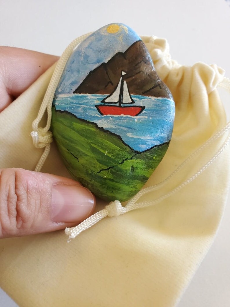 Hand Painted Rock - Sail Boat in a Sunny Cove - Etsy