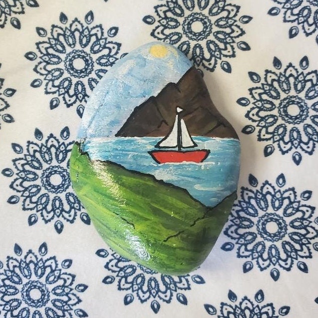 Hand Painted Rock - Sail Boat in a Sunny Cove - Etsy
