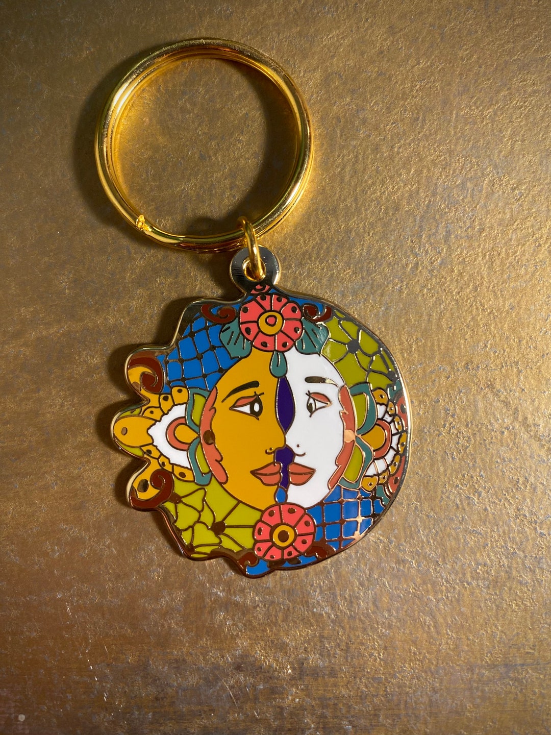 Mexican Talavera Sun & Moon Keychain - Hard Enamel Keychain - Otomi ...
