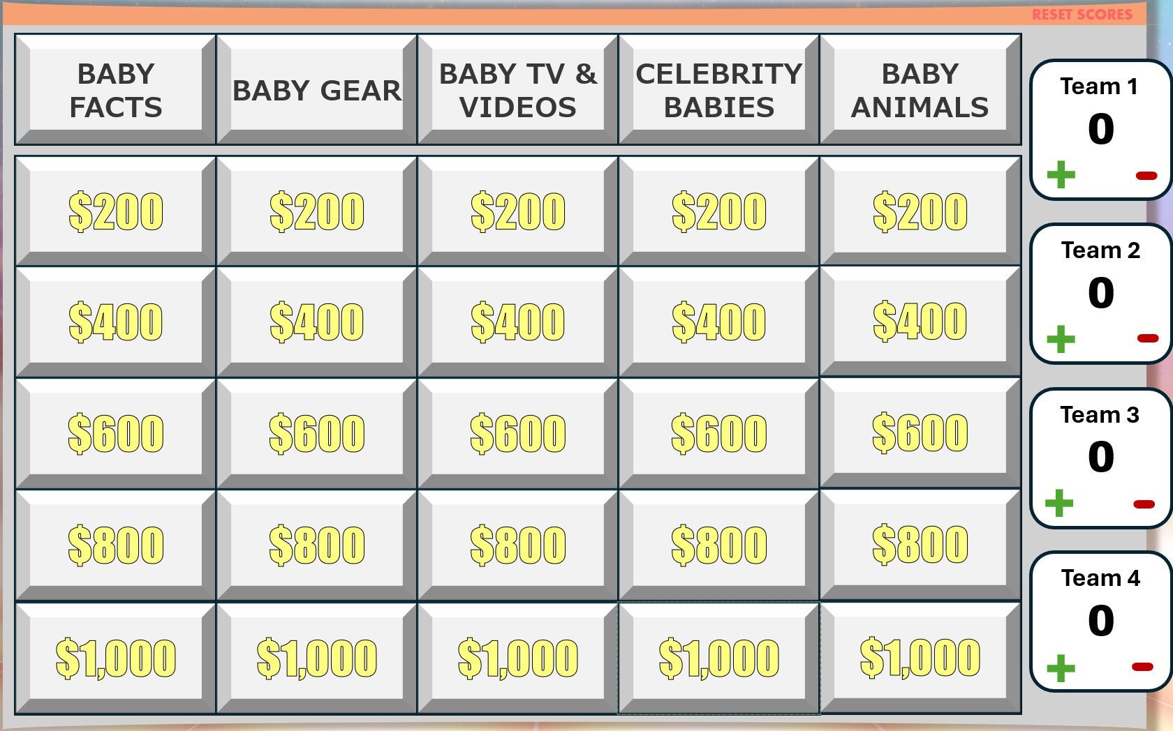 Baby Shower Jeopardy Trivia Game - With Scoring and 3 Color Theme ...