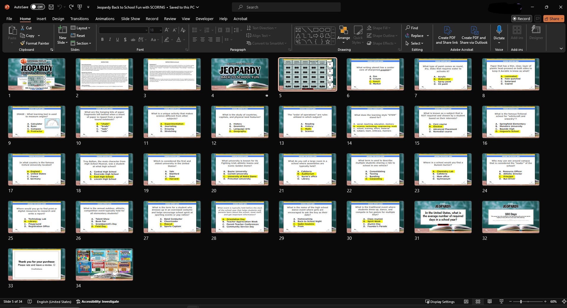 Jeopardy - "back to School" Digital Trivia Game (for MS Powerpoint ...
