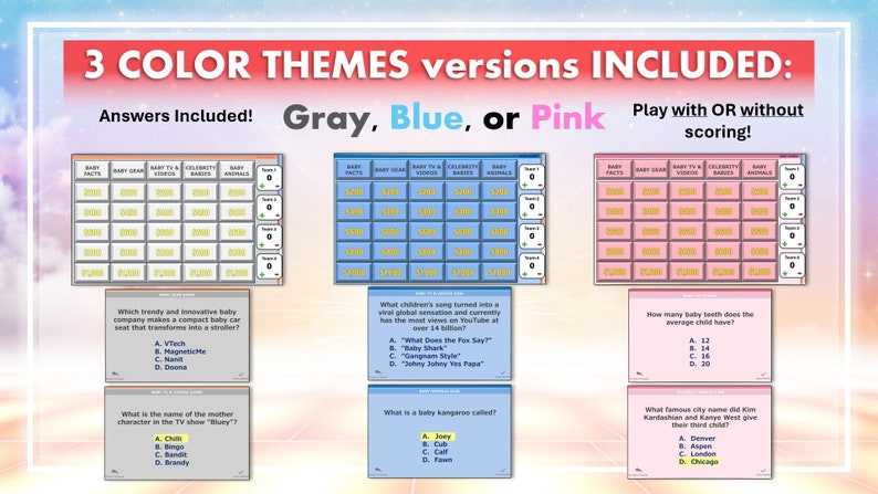 Baby Shower Jeopardy Trivia Game - With Scoring and 3 Color Theme ...