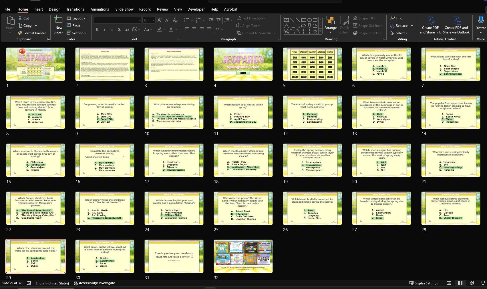1st Day of Spring Jeopardy Game Digital Powerpoint Activity With ...
