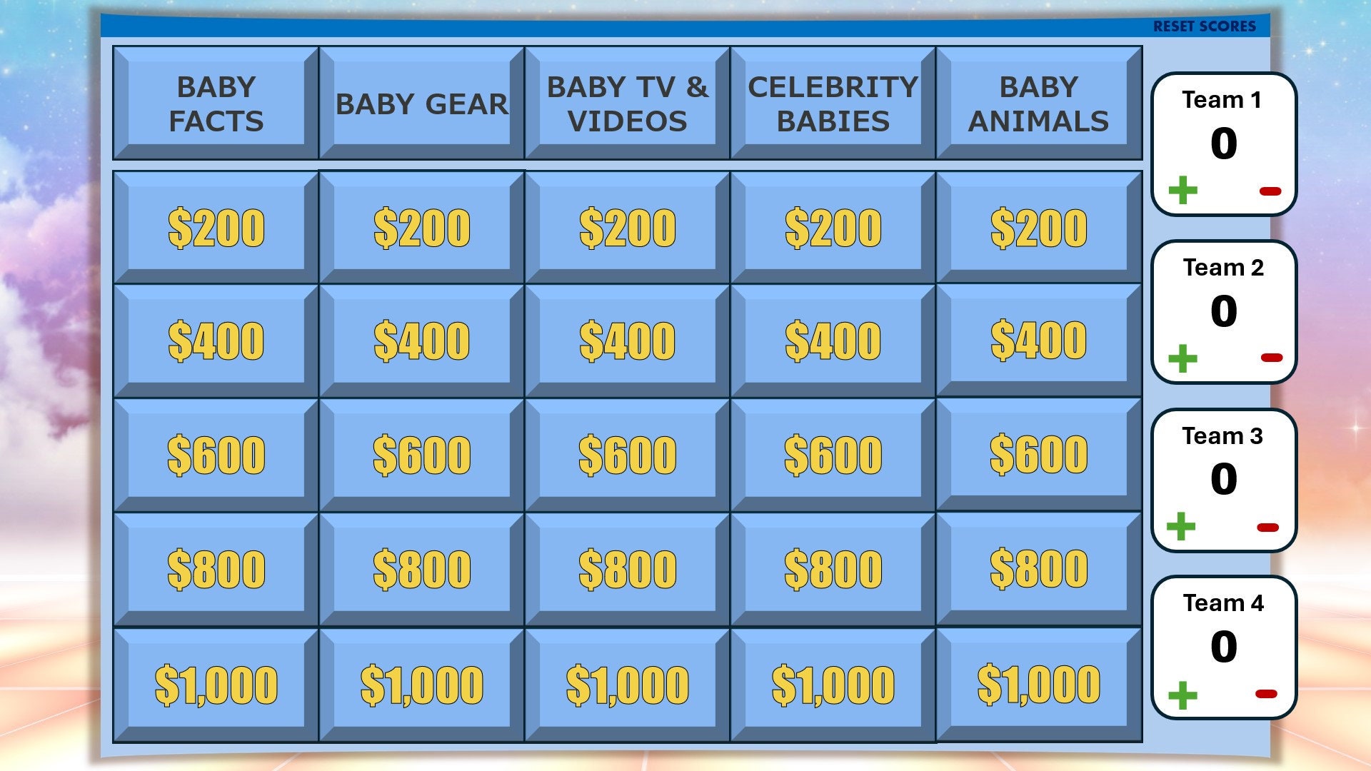 Baby Shower Jeopardy Trivia Game - With Scoring and 3 Color Theme ...