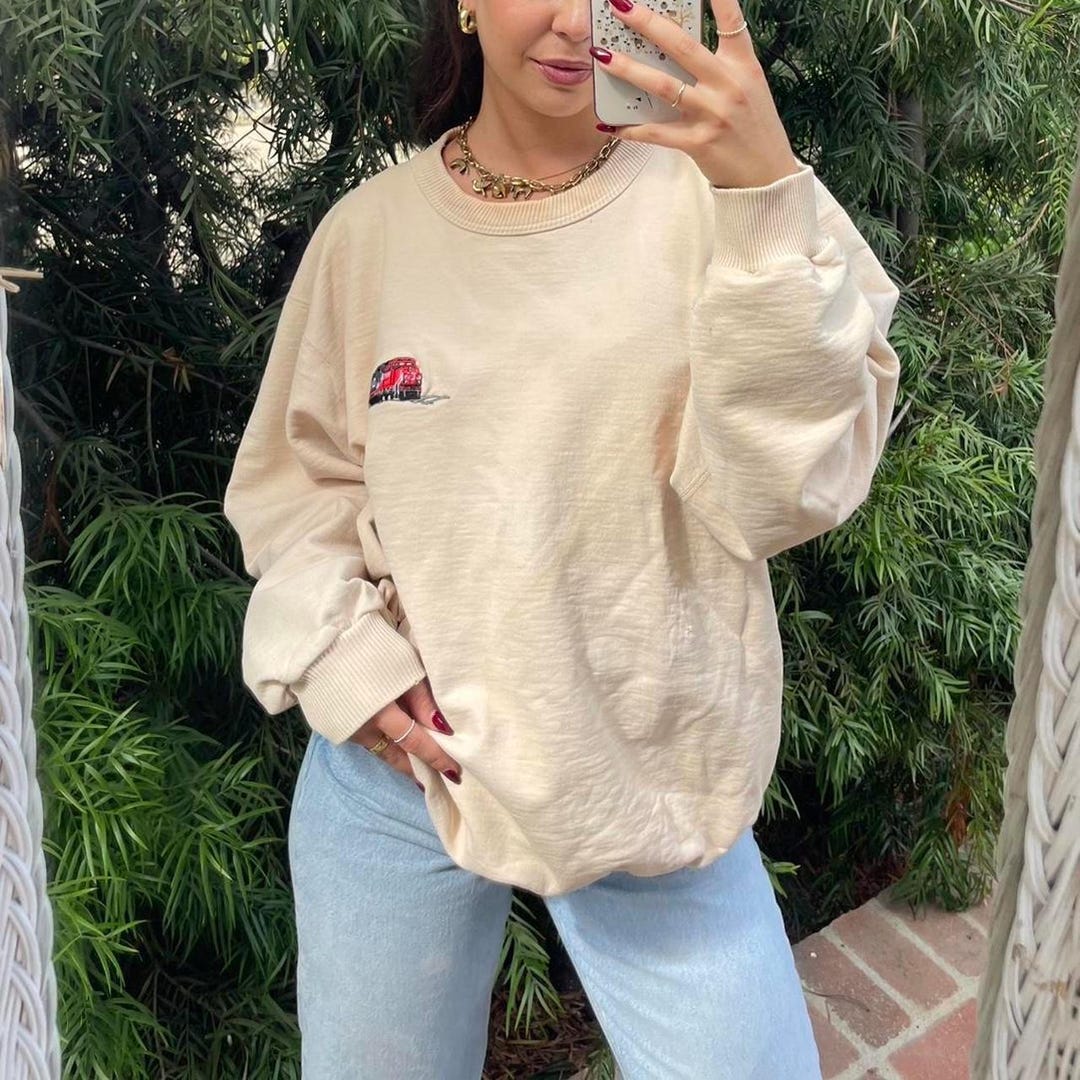 Cream Vintage 90s Crewneck Sweatshirt With Embroidered Train Logo Sz M ...