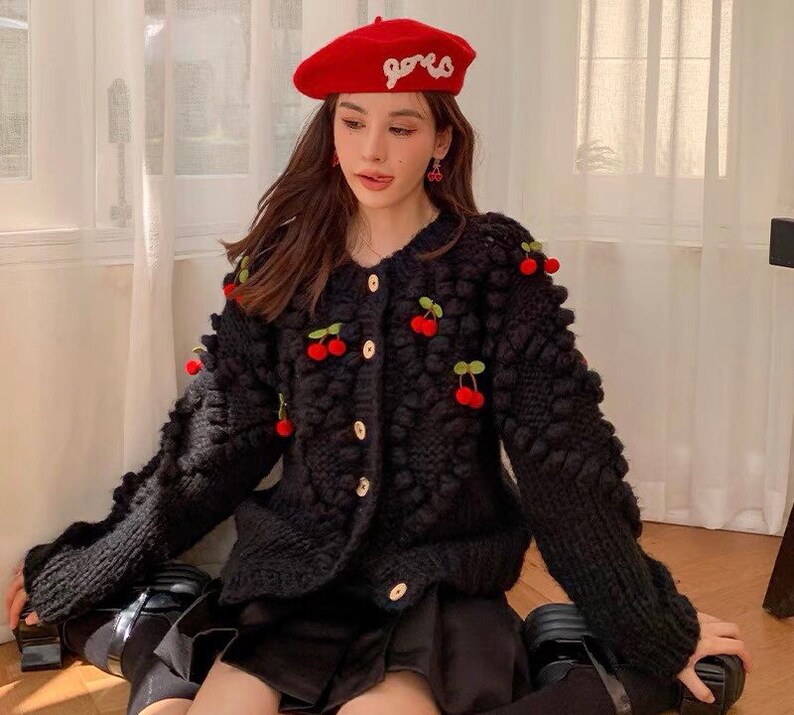 Cherry Chunky Knit Cardigan Womens Oversized Classic Vintage Look ...