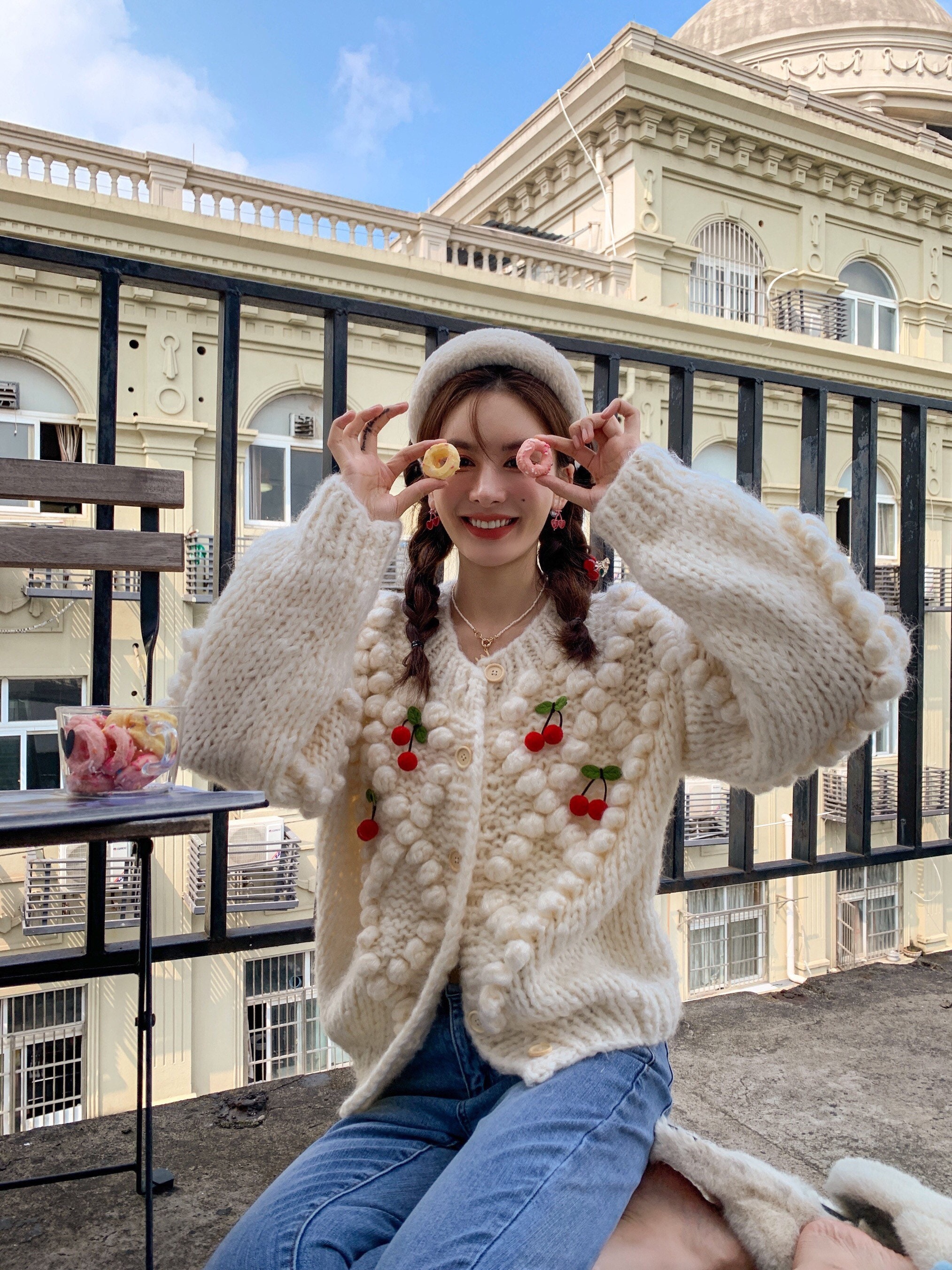 Cherry Chunky Knit Cardigan Womens Oversized Classic Vintage Look ...