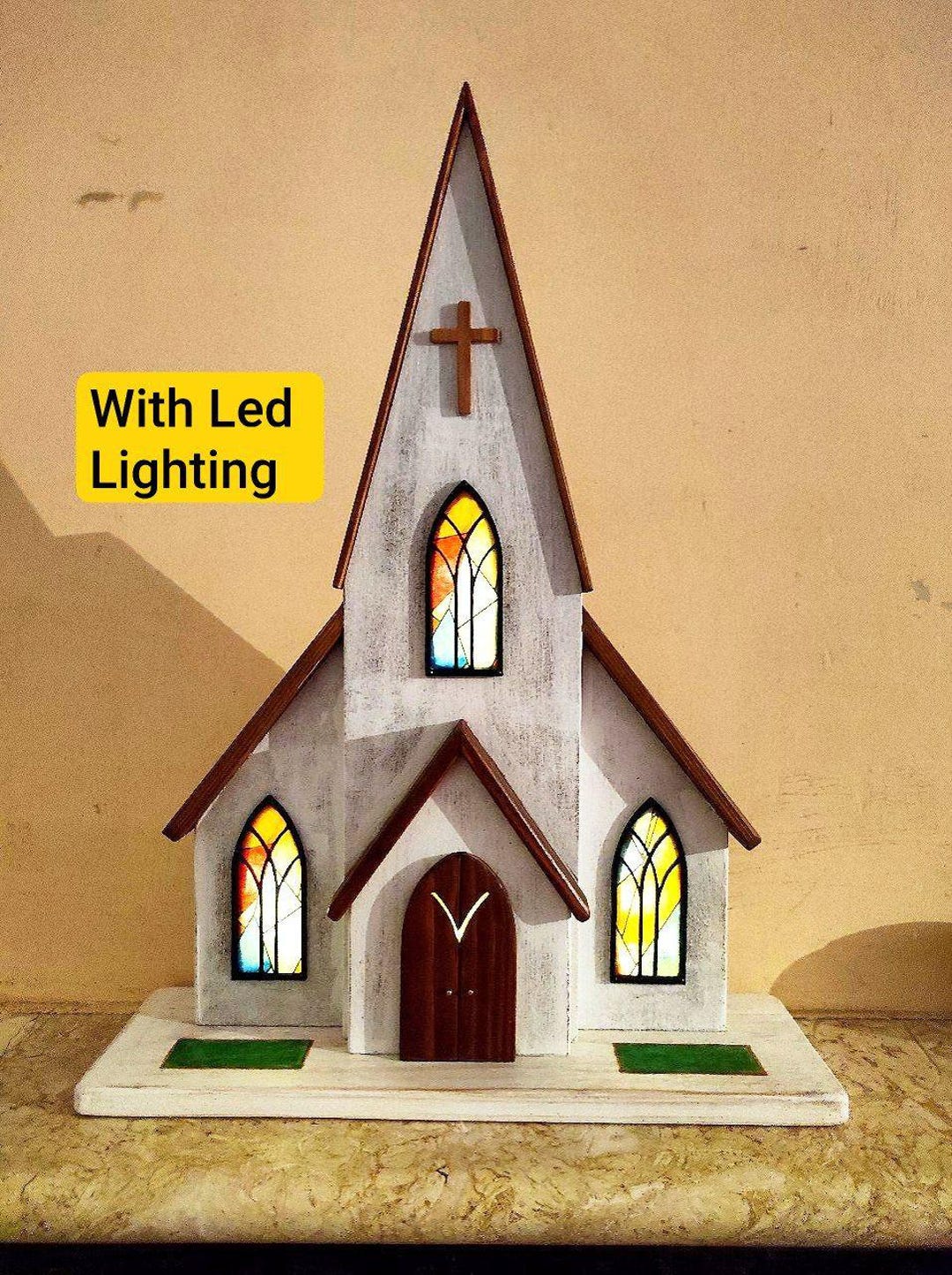 Handcrafted Wooden Church With Led-lit Windows - White Primitive Church ...