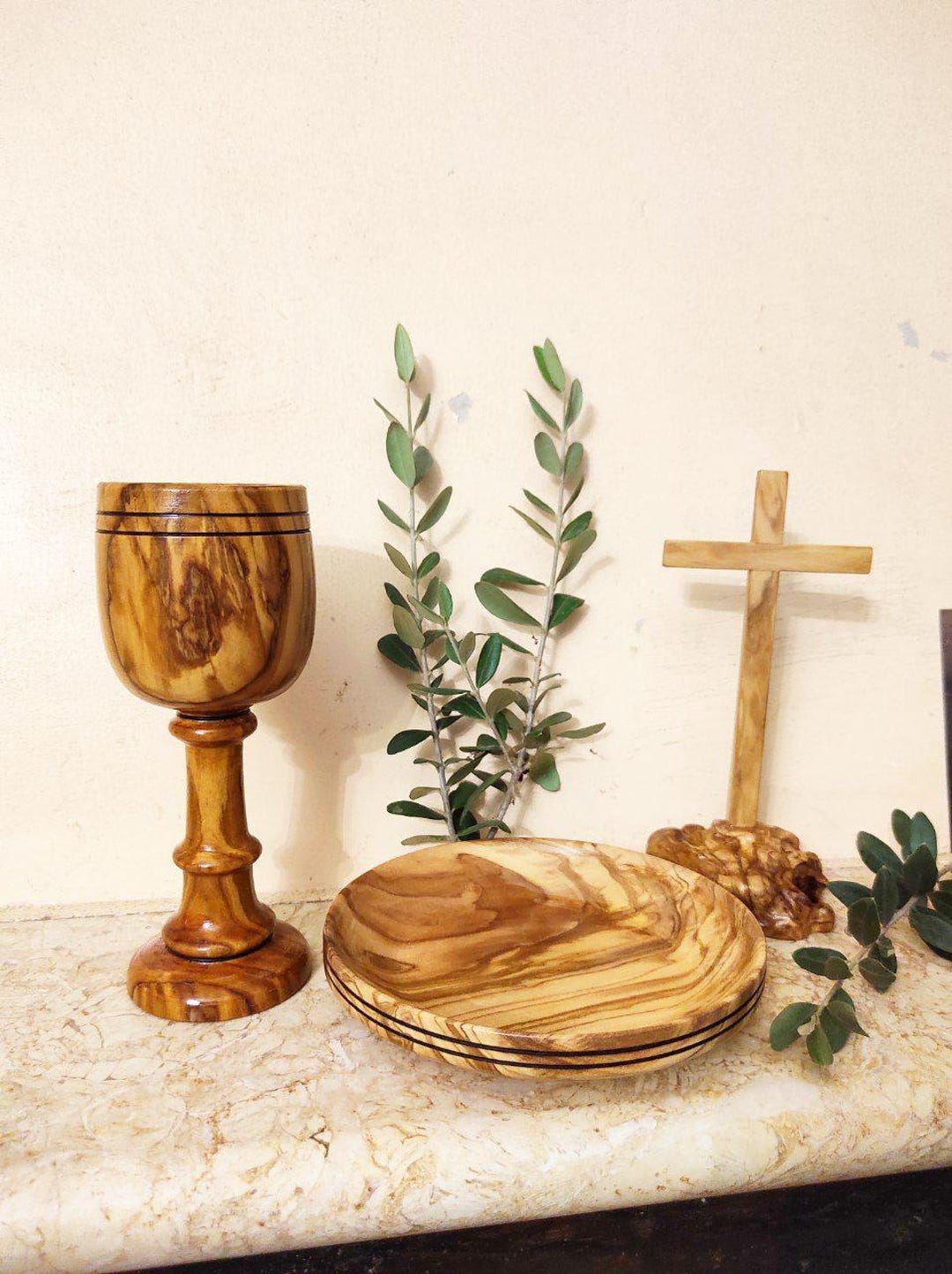Olive Wood Communion Cup and Plate and Cross - First Communion Gift ...