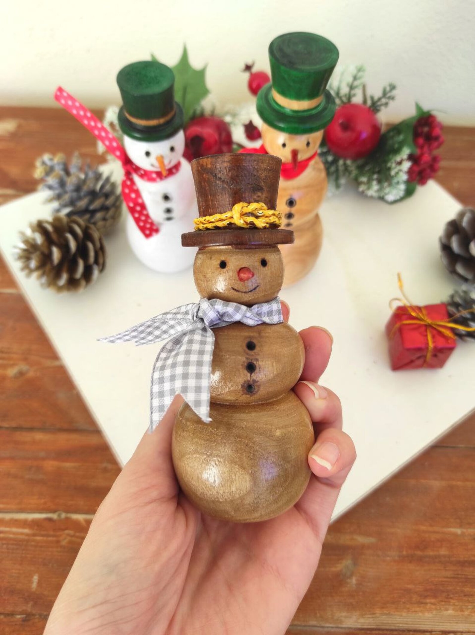 Wood Snowman Ornament Set, Hand Turned Snowman, Snowman Decor, Snowman ...