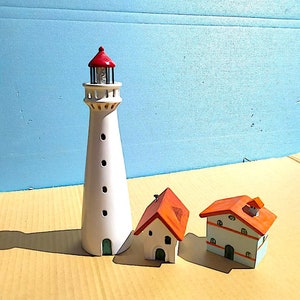 Wooden Lighthouse and Little House - Sea Landscape - Beach House Decor ...