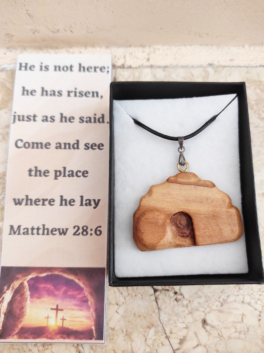 Pendant of the Empty Tomb, Olive Wood, Empty Tomb Necklace, He is Risen ...