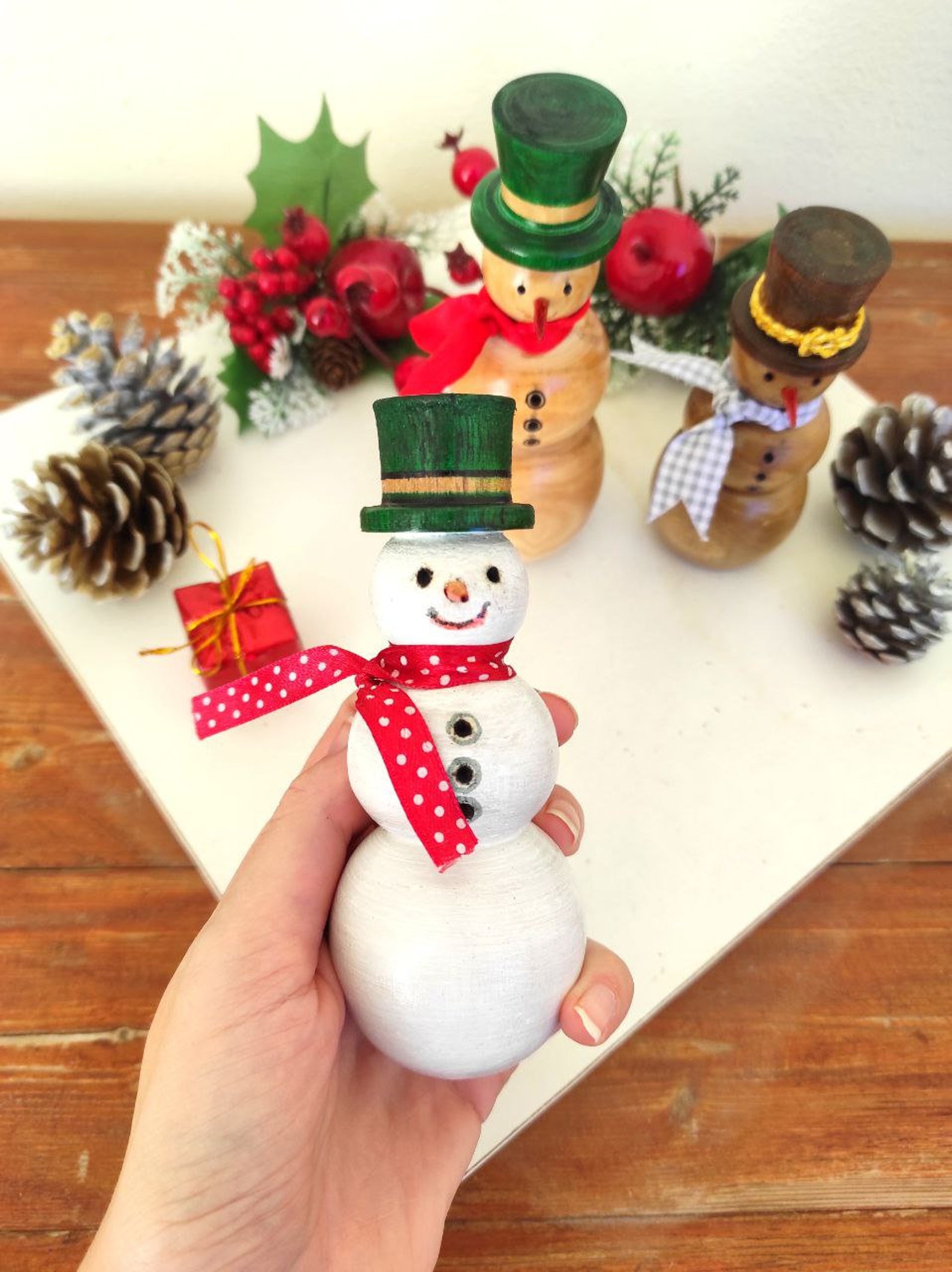 Wood Snowman Ornament Set, Hand Turned Snowman, Snowman Decor, Snowman ...